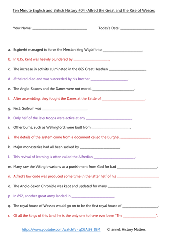Alfred The Great - Summary Video Questions | Teaching Resources