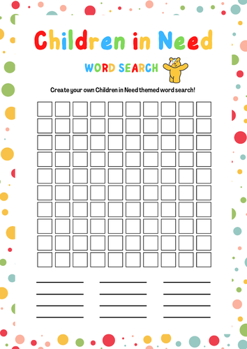 Children in Need Create Your Own Word Search - Fun Activity Pudsey KS2 ...