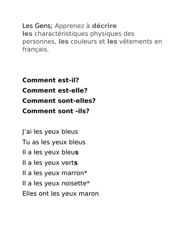 GCSE FRENCH VOCABULARY AND PHRASES FOR DESCRIBING PEOPLE | Teaching ...