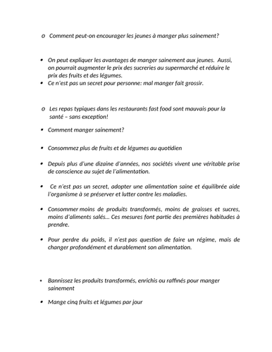 GCSE FRENCH revision sheet Manger Sainement example sentences ...