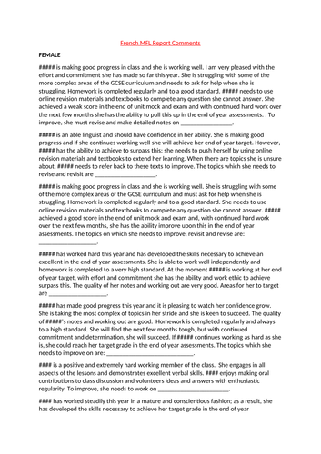 KS4 YEAR 10/11 GCSE FRENCH MFL PUPIL REPORT COMMENT BANK | Teaching ...