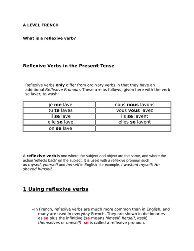 A level revision sheet on French reflexive verbs - grammar; worksheet ...