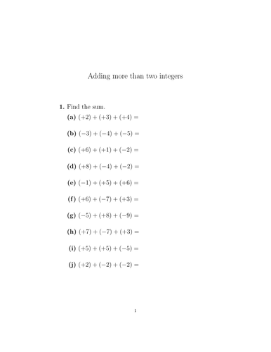 Adding more than two integers worksheet (with solutions) | Teaching ...