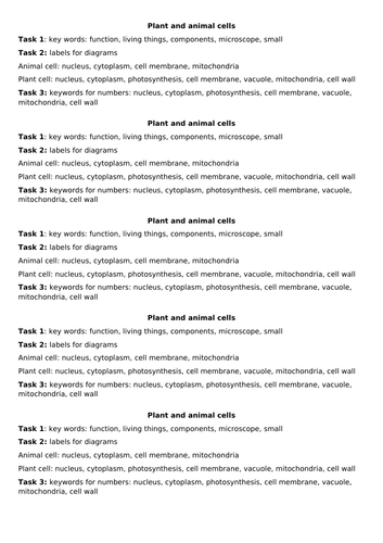 Plant and animal cell worksheet and keyword prompt | Teaching Resources
