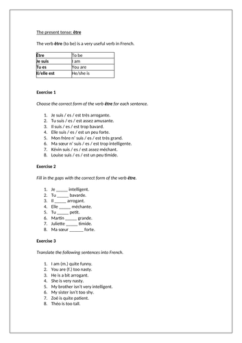 The present tense of être (je, tu, il, elle) | Teaching Resources