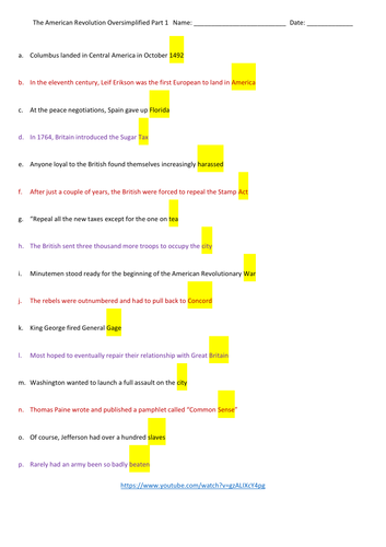 American Revolution (part 1) Video Questions | Teaching Resources