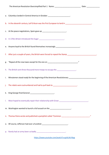 American Revolution (part 1) Video Questions | Teaching Resources