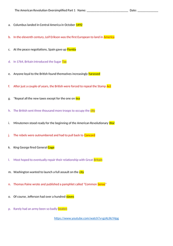American Revolution (part 1) Video Questions | Teaching Resources