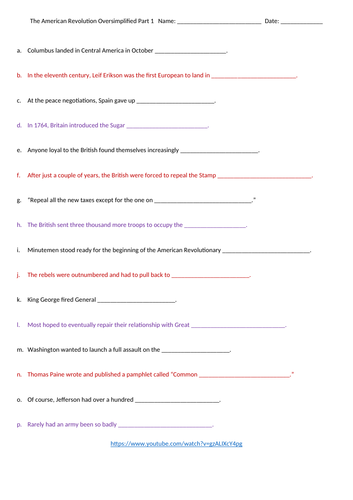 American Revolution (part 1) Video Questions | Teaching Resources