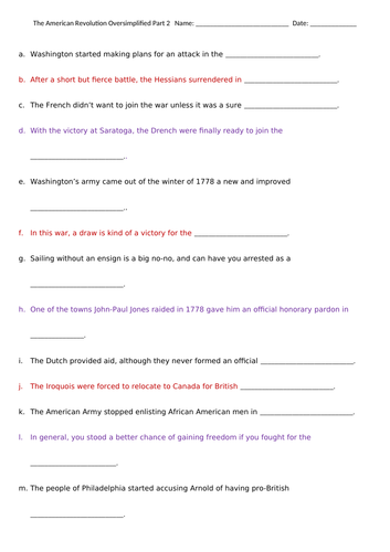 American Revolution (Part 2) Video Questions | Teaching Resources