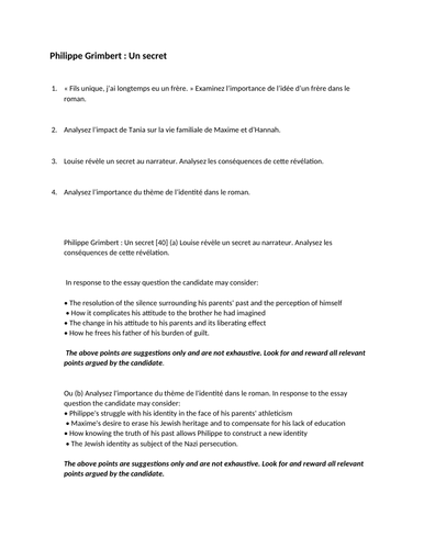 A level French Literature Philip Grimbert Un Secret Lesson Plan Mock ...