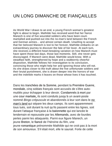 UN LONG DIMANCHE DE FIANÇAILLES A level French Film revision sheet ...