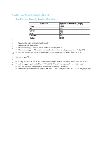 AQA GCSE Physics P2.04 Specific Heat Capacity | Teaching Resources
