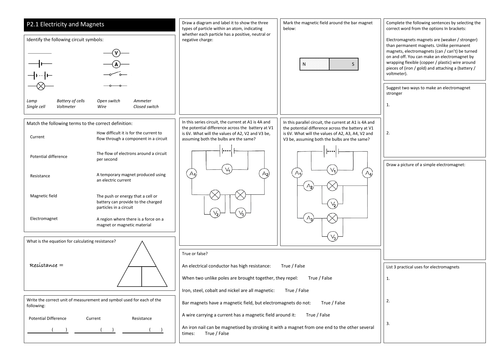 Electricity and Magnets Revision Mat (Activate Physics / P2.1 / KS3 ...