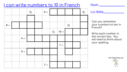 French numbers to ten crossword - beginners French | Teaching Resources