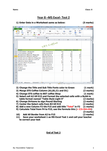 MS EXCEL Practical Test for Year 7/8 and 9 | Teaching Resources MS EXCEL Practical Test for Year 7/8 and 9 | Teaching Resources