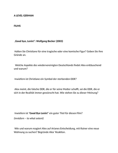 A LEVEL GERMAN mock exam questions on the film "GOOD BYE LENIN ...