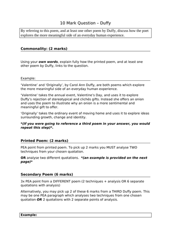 Carol Ann Duffy - Ten mark Question Guide | Teaching Resources