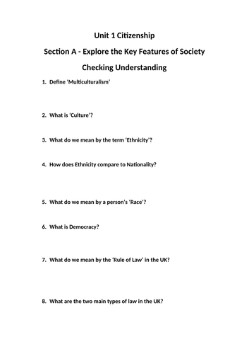 Uniformed Protective Services Unit 1 Citizenship Section A | Teaching ...