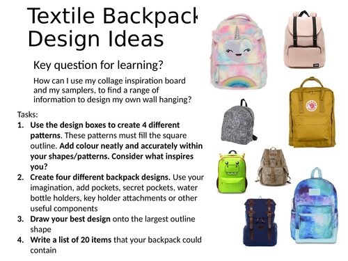 Textiles - easy cover lesson Design a Backpack | Teaching Resources