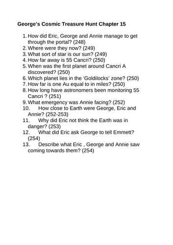 George's Cosmic Treasure Hunt Comprehension questions (All Chapters ...
