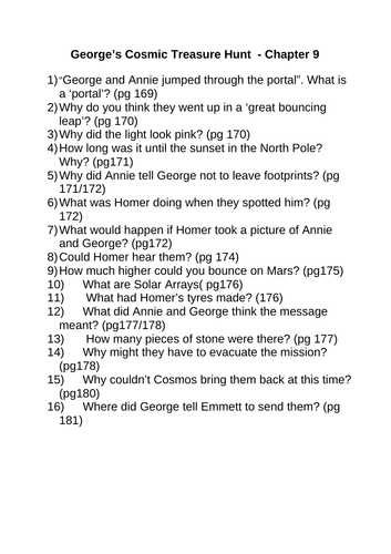 George's Cosmic Treasure Hunt Comprehension questions (All Chapters ...