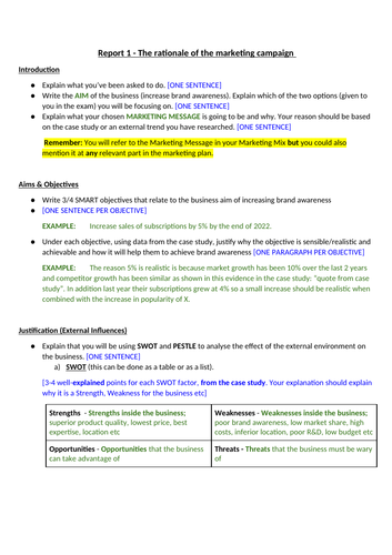 Template report structure for Unit 2 - Developing a Marketing Campaign | Teaching Resources