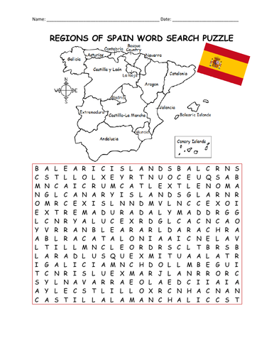 REGIONS OF SPAIN - Map and Word Search Puzzle | Teaching Resources