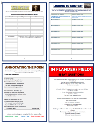 In Flanders Fields - John McCrae - Comprehension Activities Booklet ...