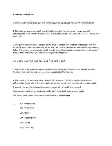 AS Biology-Topic 6-Protein synthesis- Worksheet and Mark scheme ...