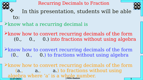 Converting Recurring Decimals into Fraction | Teaching Resources