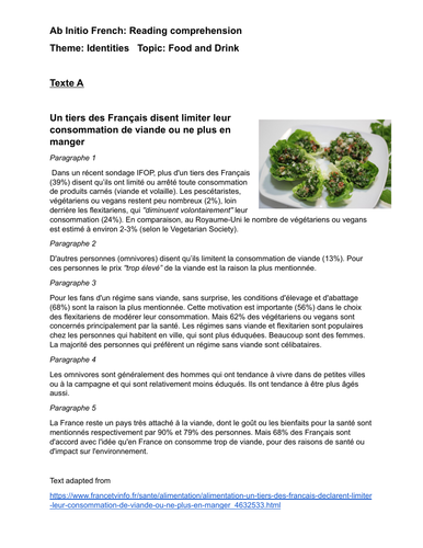 IB Ab initio French Reading Assessment Food and Drink | Teaching Resources