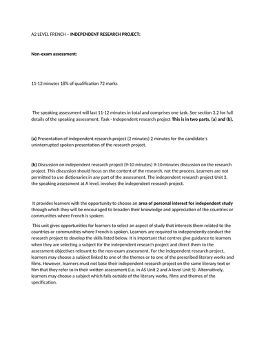 A2 level french independent research project guidance notes - lesson ...