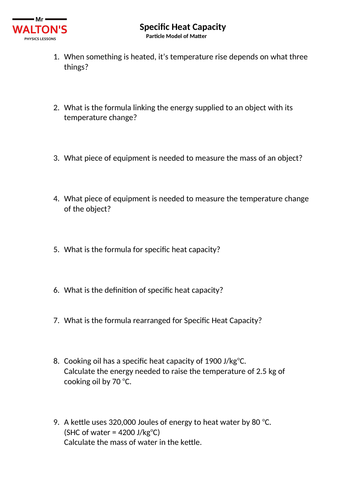 Specific Heat Capacity for GCSE Science worksheet and video | Teaching ...