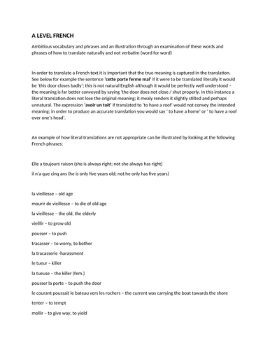 A level French extensive list of ambitious vocabulary and phrases ...