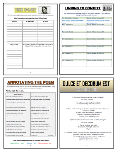 Dulce et Decorum Est - Wilfred Owen - Comprehension Activities Booklet ...