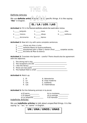 Articulos definidos e indefinidos | Teaching Resources