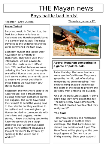 The Hero Twins - Newspaper WAGOLL - Mayans | Teaching Resources