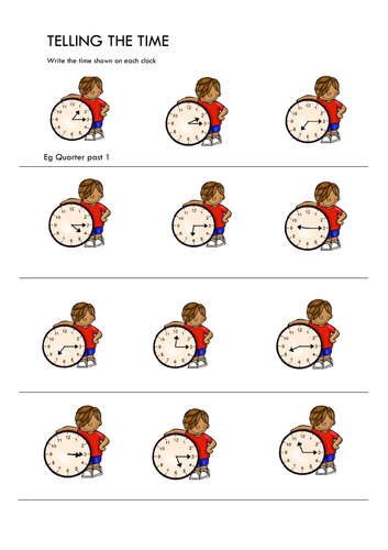 Telling The Time: O'Clock, Half Past and Quarter Past Times Worksheet ...