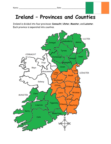IRELAND Provinces and Counties Printable Introductory Worksheet ...