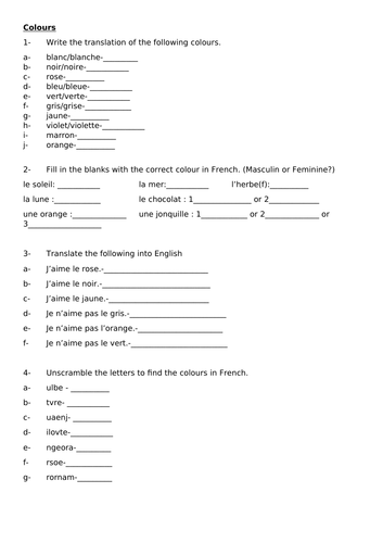 Year 7 worksheet - colours - French | Teaching Resources