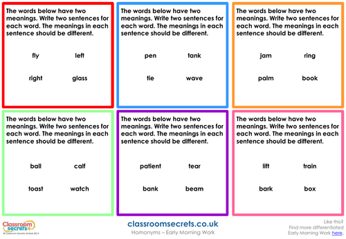 KS1 and KS2 Homonyms Early Morning Work Activity | Teaching Resources