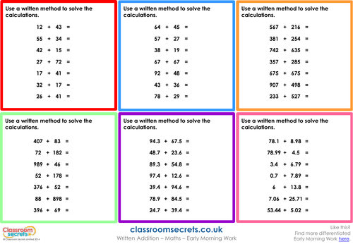 KS1 and KS2 Written Additions Early Morning Work Activity | Teaching ...
