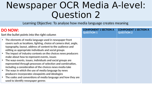Newspaper OCR Media Studies Q1&2 | Teaching Resources