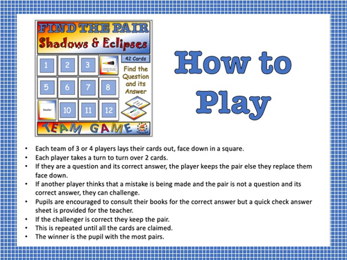 Light - Shadows and Lunar and Solar Eclipses - Find the Pair Game KS3 ...