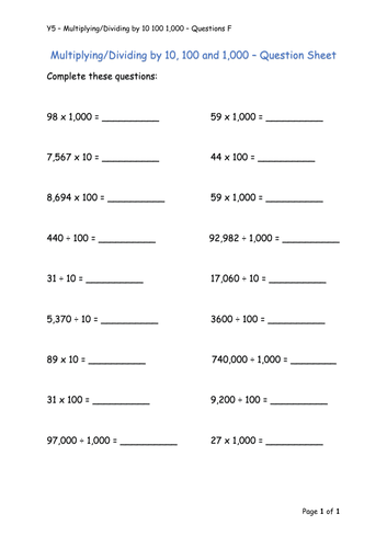 Y5 Maths - x and ÷ by 10/100/1000 (Free) | Teaching Resources