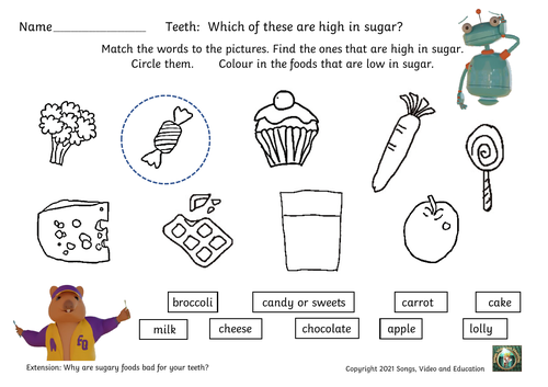 Teeth Worksheet: Which of these are high in sugar? | Teaching Resources