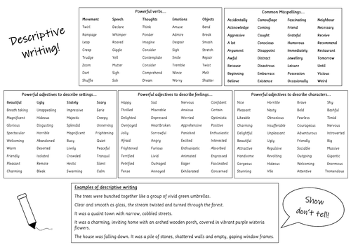Word Bank - Descriptive Writing (Black & White) | Teaching Resources