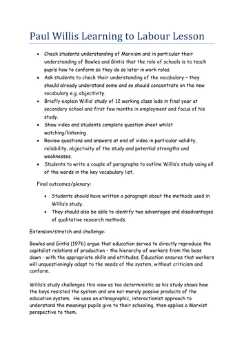 Paul Willis Learning to Labour | Teaching Resources