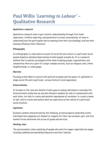 Paul Willis Learning to Labour | Teaching Resources
